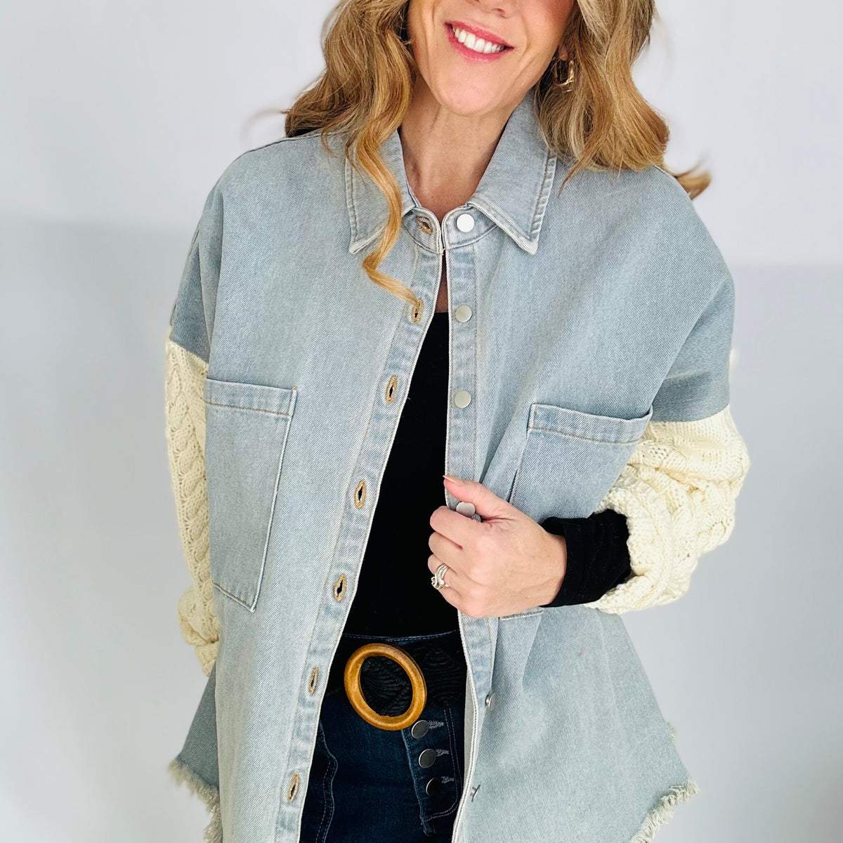 Two-Tone Denim Shirt Jacket with Cable Knit Sleeve Details – Mainstream ...