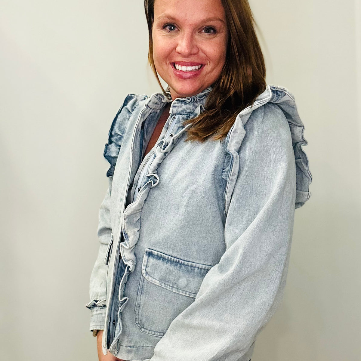 Ruffle Detail Denim Jacket – Mainstream Boutique of New Prague